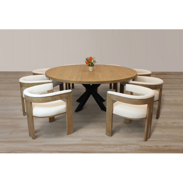 MOTI Furniture Logan 72" 9-Piece Dining Set With 8 Trish Dining Chairs In Ivory Boucle Linen ...